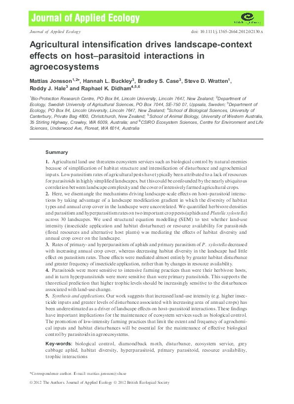 (PDF) Agricultural intensification drives landscape-context effects on host-parasitoid ...