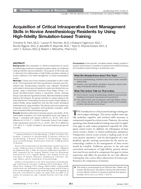 (PDF) Acquisition of Critical Intraoperative Event Management Skills in Novice Anesthesiology ...