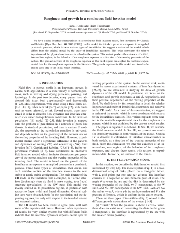 (PDF) Roughness and growth in a continuous fluid invasion model | Inbal ...