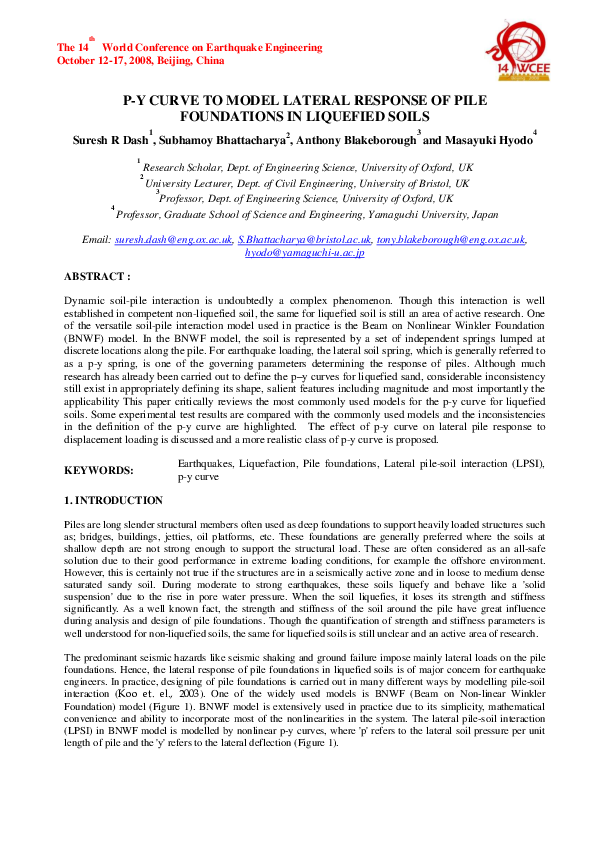 (PDF) PY CURVE TO MODEL LATERAL RESPONSE OF PILE FOUNDATIONS IN ...