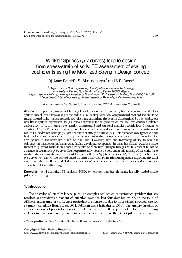 (PDF) Winkler Springs (py curves) for pile design from stress-strain of ...