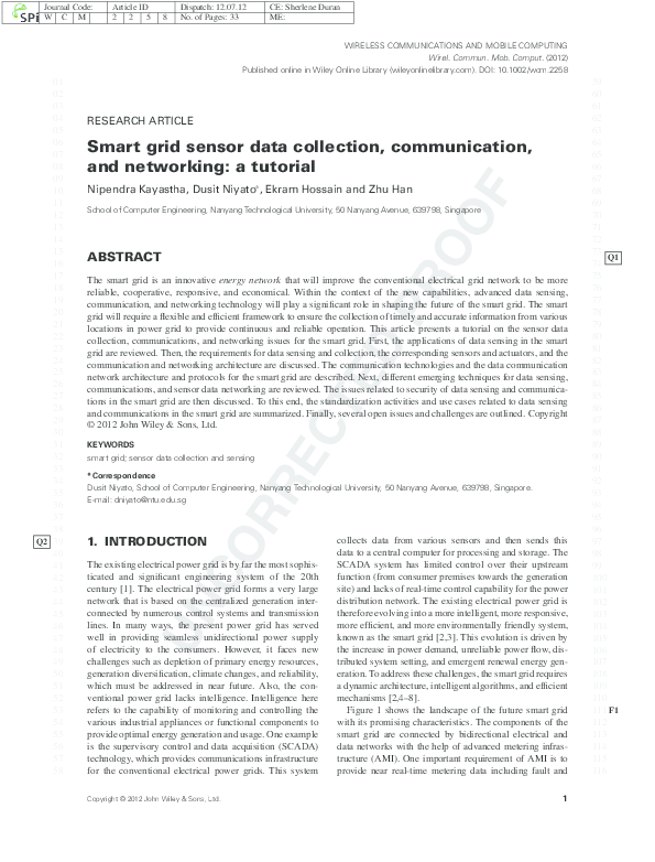 Pdf Smart Grid Sensor Data Collection Communication And Networking A Tutorial Ekram 3304