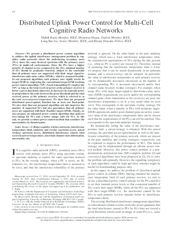 Pdf Distributed Uplink Power Control For Multi Cell Cognitive Radio