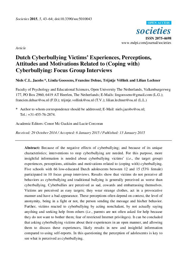 (PDF) Dutch Cyberbullying Victims’ Experiences, Perceptions, Attitudes ...