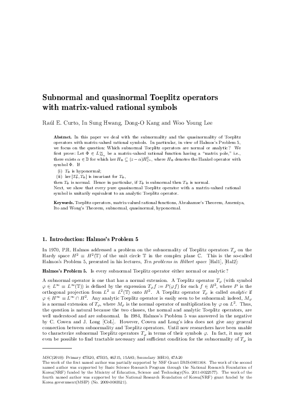 (PDF) Subnormal and quasinormal Toeplitz operators with matrix-valued rational symbols