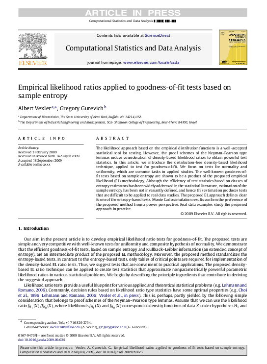 Pdf Empirical Likelihood Ratios Applied To Goodness Of Fit Tests Based On Sample Entropy