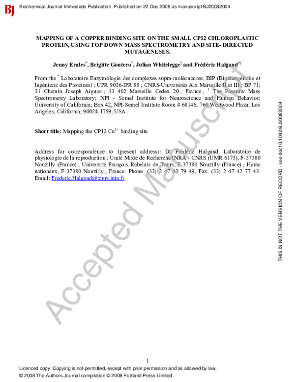 Mapping of a copper-binding site on the small CP12 chloroplastic ...