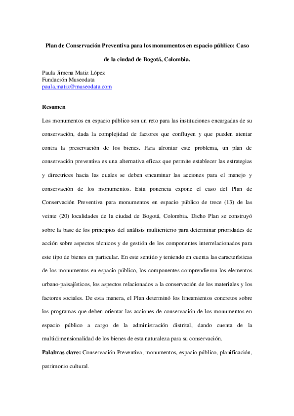(PDF) Plan de Conservación Preventiva para monumentos en espacio público: Caso de la ciudad de ...