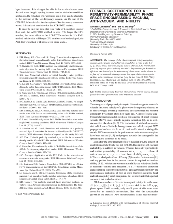 (PDF) Fresnel coefficients for a permittivity-permeability phase space encompassing vacuum, anti ...