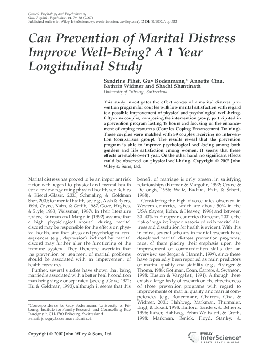 (PDF) Can prevention of marital distress improve well-being? A 1 year ...
