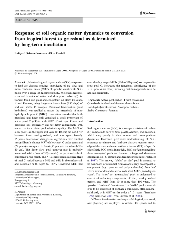 (PDF) Response of soil organic matter dynamics to conversion from tropical forest to grassland ...