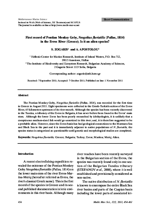 (PDF) First record of Pontian Monkey Goby, Neogobius fluviatilis ...