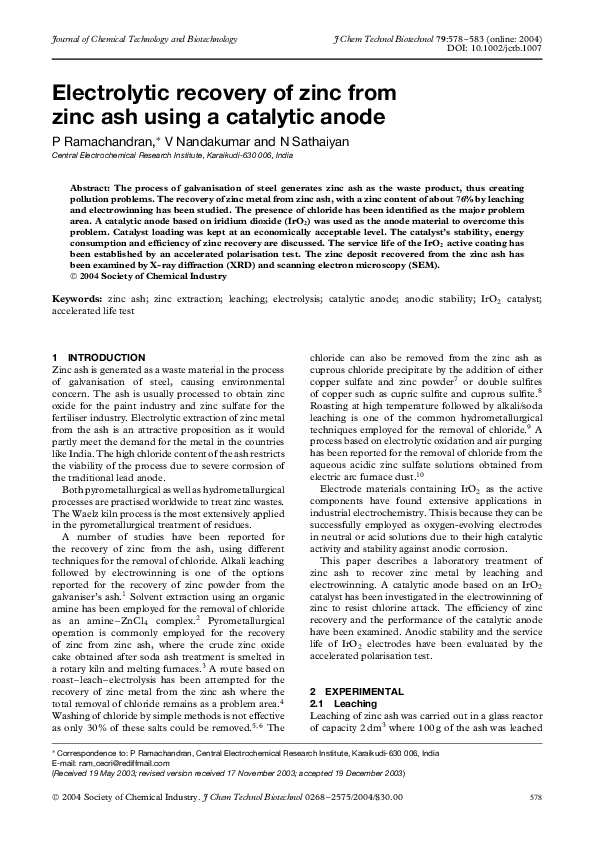 (PDF) Electrolytic recovery of zinc from zinc ash using a catalytic anode