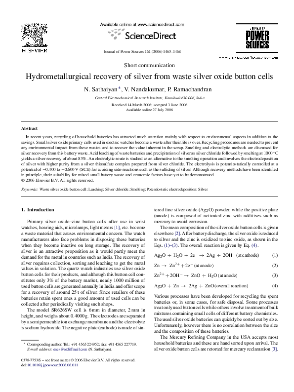 (PDF) Hydrometallurgical recovery of silver from waste silver oxide ...
