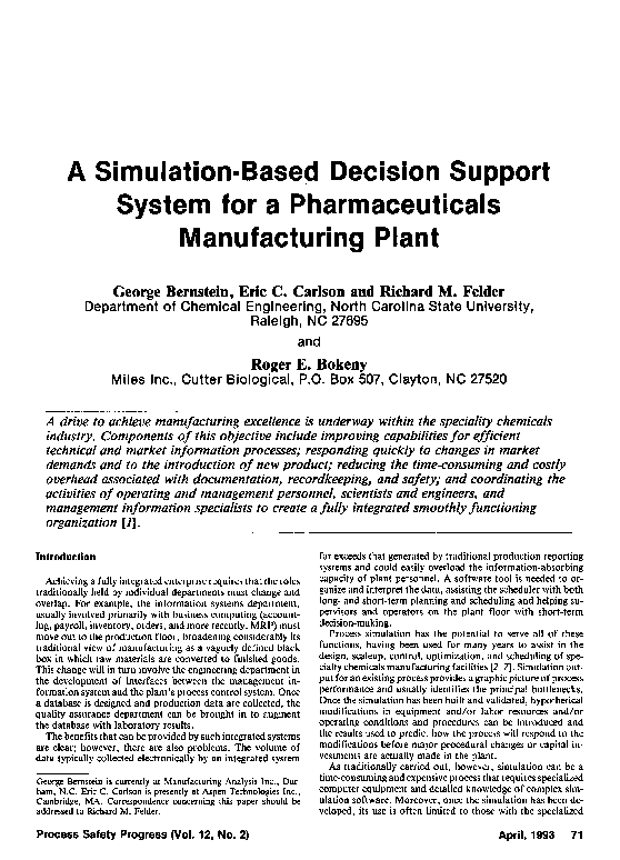 (PDF) A simulation-based decision support system for a pharmaceuticals manufacturing plant