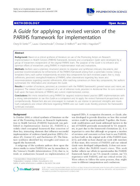 (PDF) A Guide for applying a revised version of the PARIHS framework ...