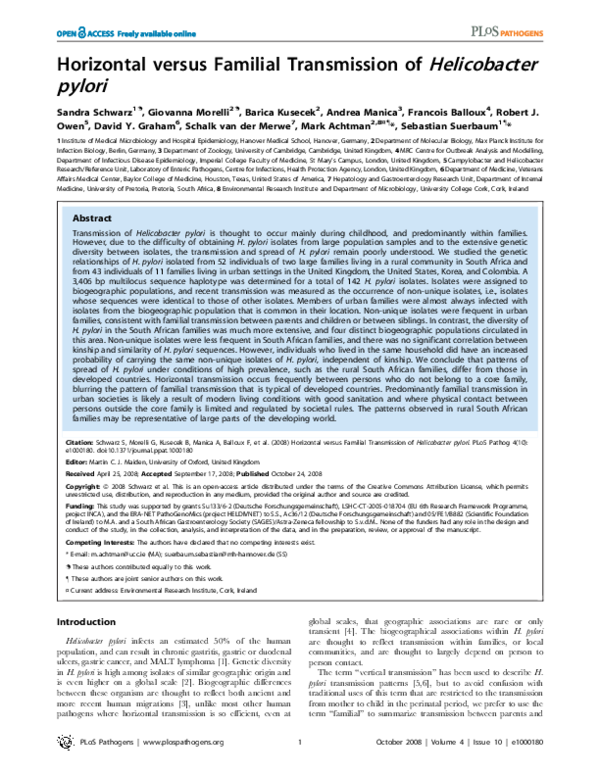 (PDF) Horizontal versus familial transmission of Helicobacter pylori