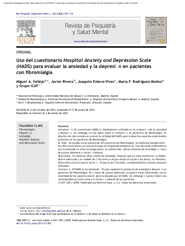 (PDF) Uso del cuestionario Hospital Anxiety and Depression Scale (HADS ...
