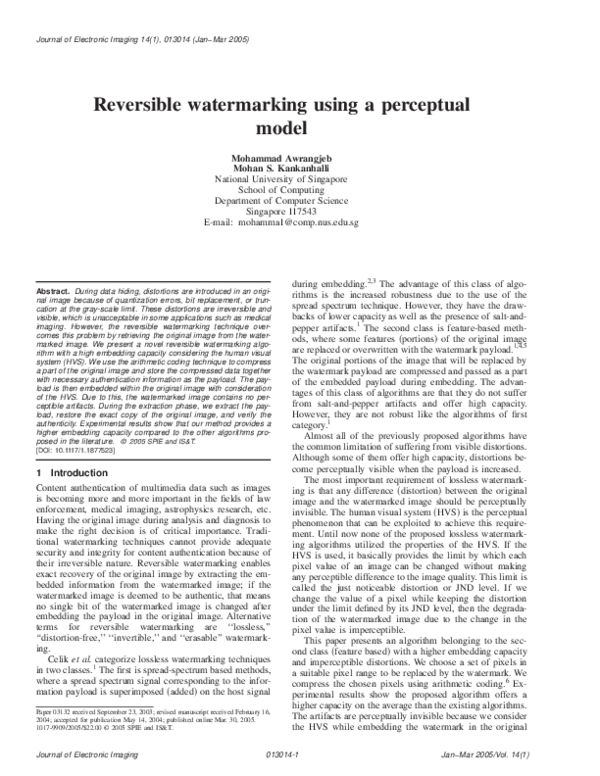 (PDF) Reversible watermarking using a perceptual model