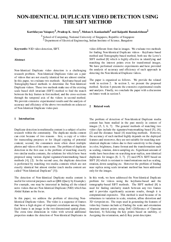 (PDF) Detecting Non-Identical Duplicate Videos via SIFT