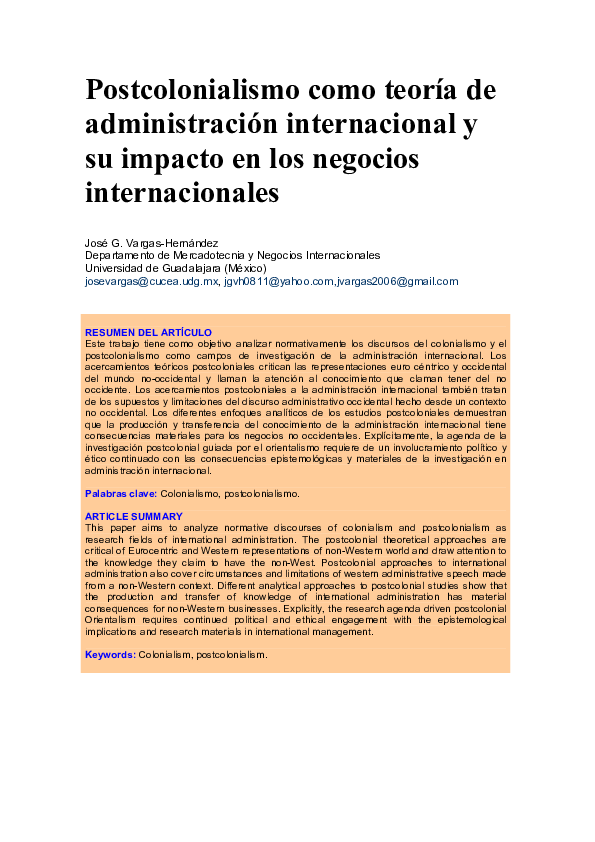 (PDF) Postcolonialismo como teoría de la administración internacional y ...