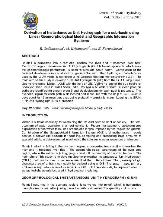 (PDF) Derivation of Instantaneous Unit Hydrograph for a sub-basin using Linear Geomorphological ...
