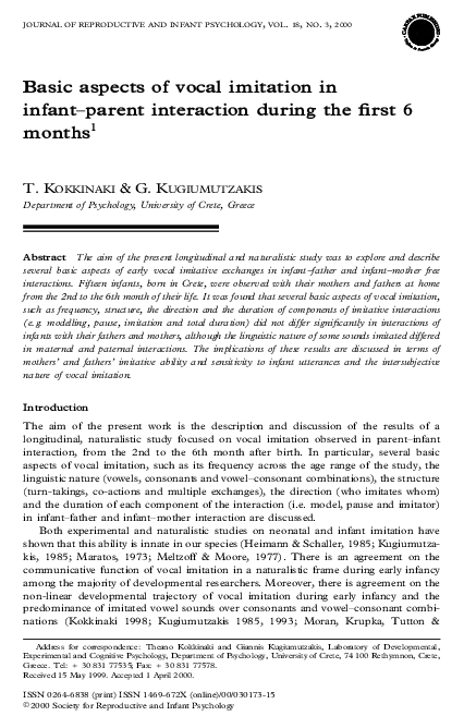 Basic aspects of vocal imitation in infant parent interaction during ...