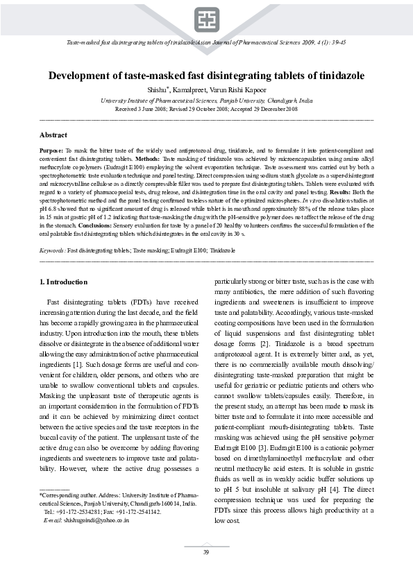 Pdf Development Of Taste Masked Fast Disintegrating Tablets Of Tinidazole