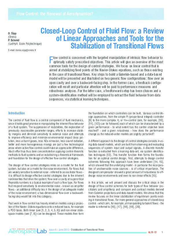(PDF) Closed-Loop Control of Fluid Flow: A Review of Linear Approaches and Tools for the ...