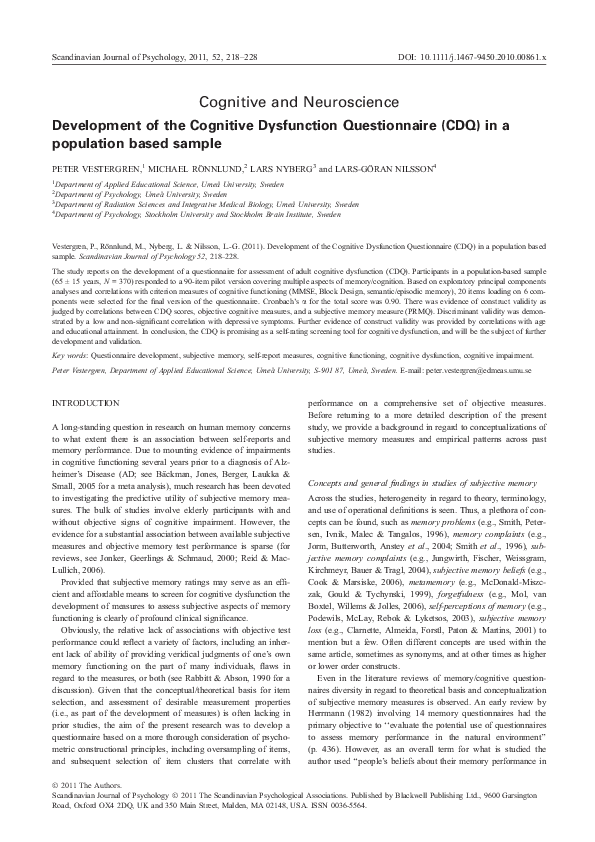 (PDF) Development of the Cognitive Dysfunction Questionnaire (CDQ) in a ...