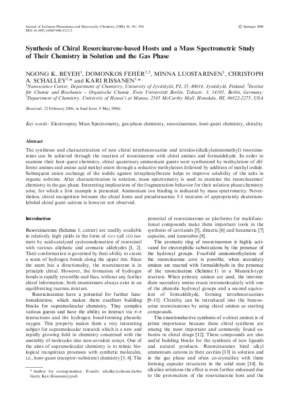 (PDF) Synthesis of Chiral Resorcinarene-based Hosts and a Mass ...