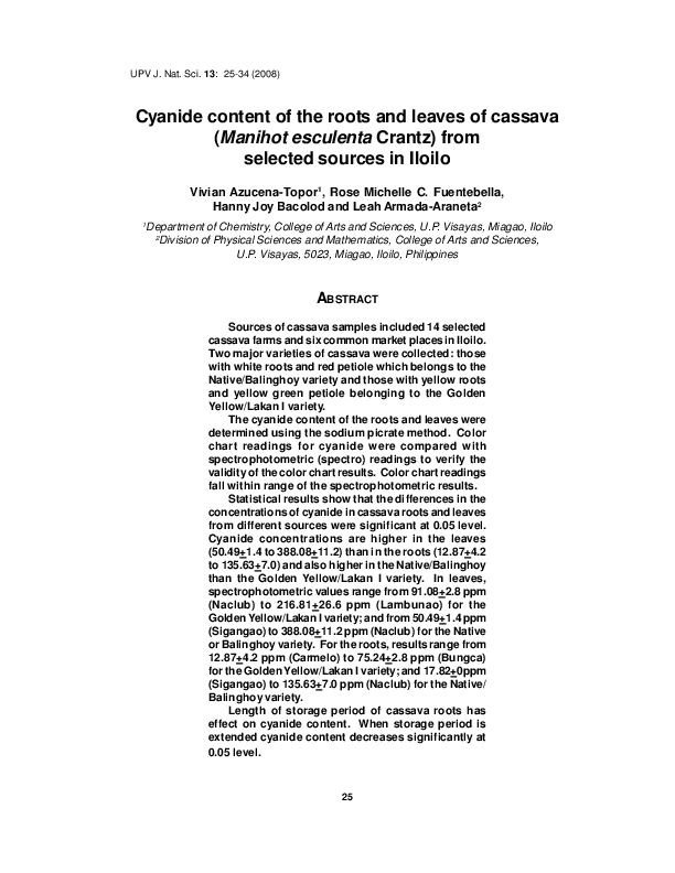 (PDF) Cyanide content of the roots and leaves of cassava (Manihot esculenta Crantz) from ...