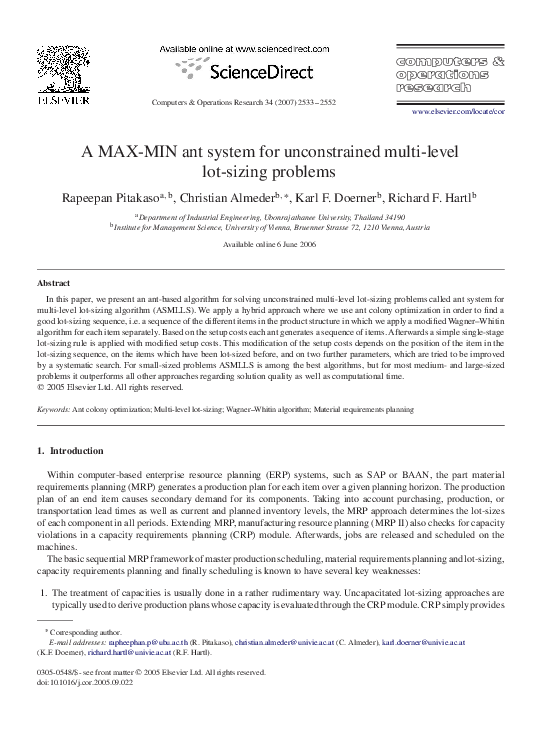 Pdf A Max Min Ant System For Unconstrained Multi Level Lot Sizing Problems 