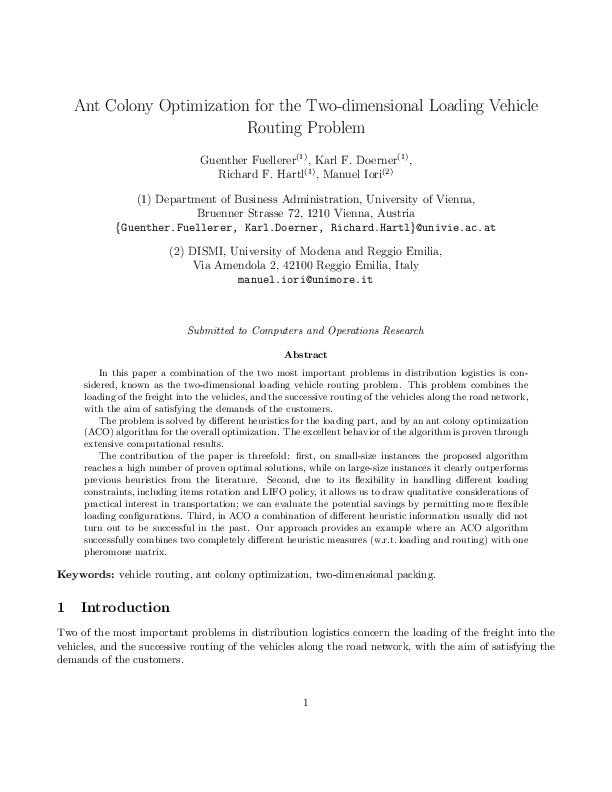 Pdf Ant Colony Optimization For The Two Dimensional Loading Vehicle Routing Problem