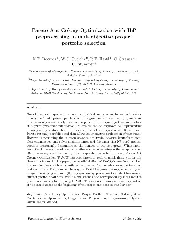 Pdf Pareto Ant Colony Optimization With Ilp Preprocessing In Multiobjective Project Portfolio