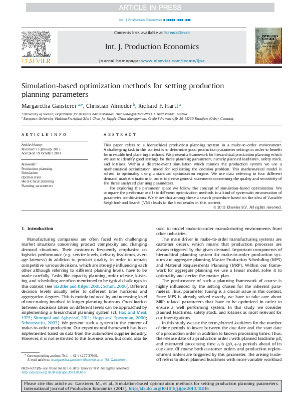 (PDF) Simulation-based optimization methods for setting production planning parameters