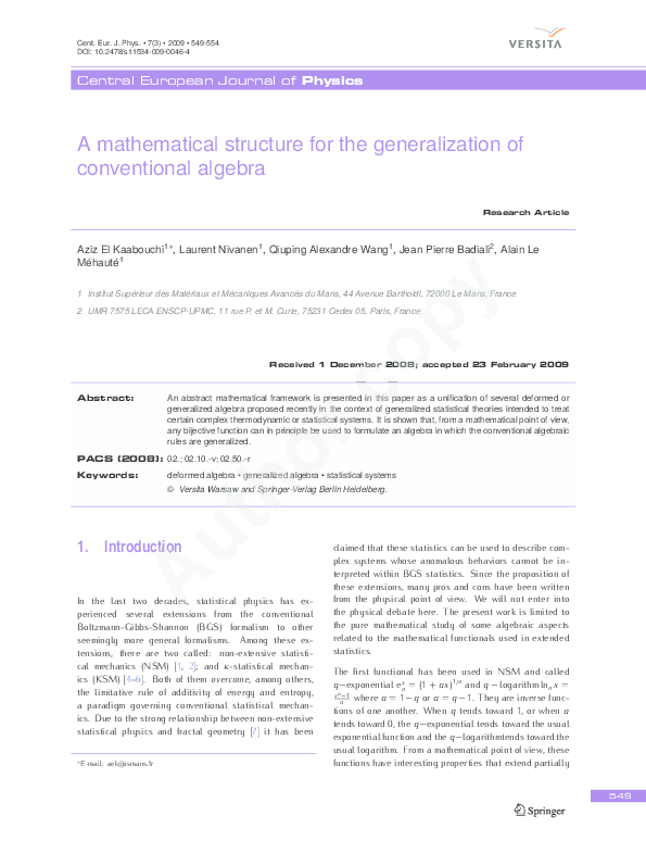 (PDF) A mathematical structure for the generalization of conventional ...