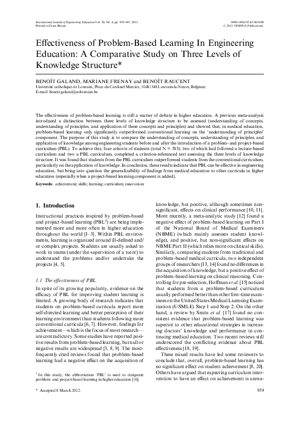 (PDF) Effectiveness of problem-based learning in engineering education: A comparative study non ...