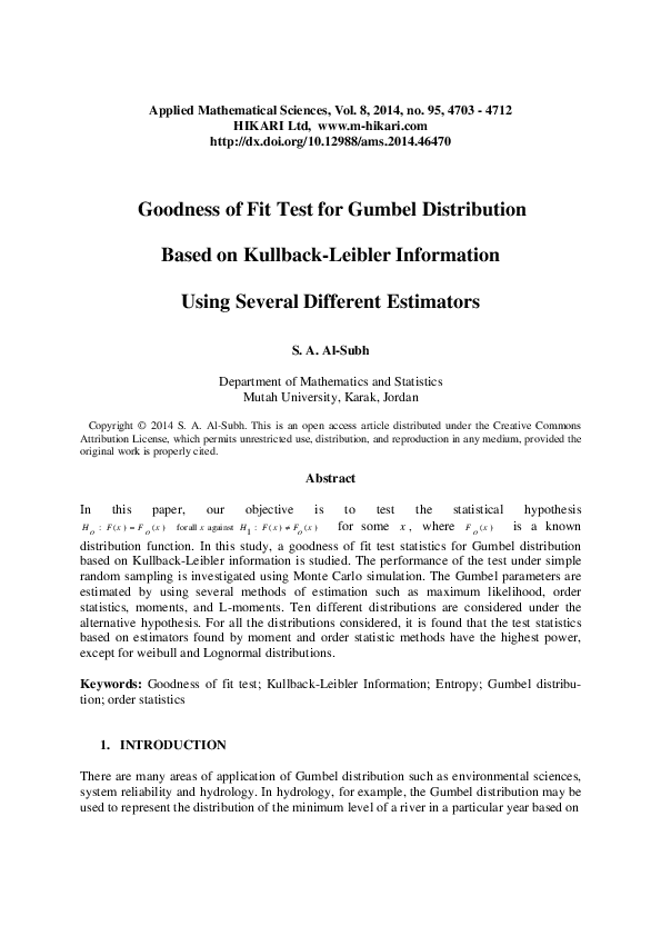 (PDF) Testing Gumbel Distribution Fit Using Kullback-Leibler Info