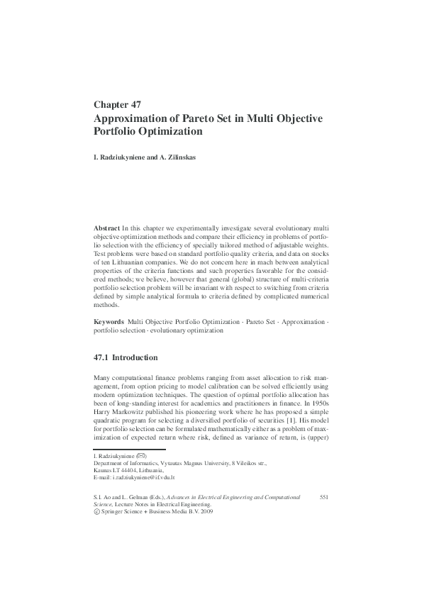 (PDF) Approximation of Pareto set in multi objective portfolio optimization
