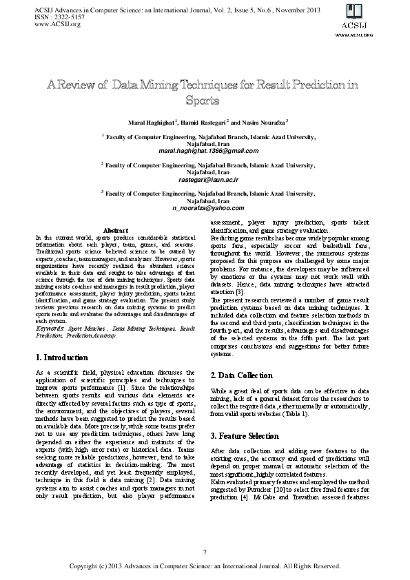 Pdf A Review Of Data Mining Techniques For Result Prediction In Sports