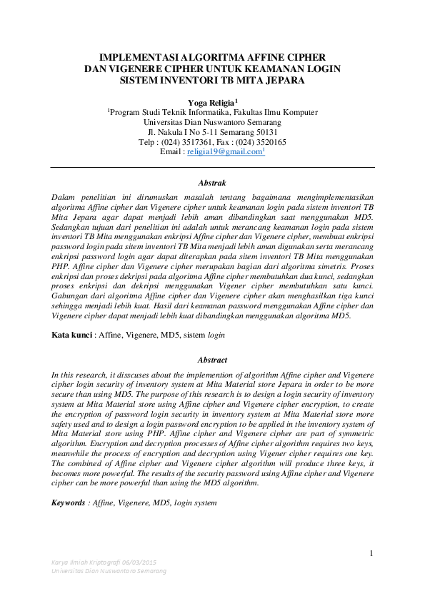 Pdf Implementasi Algoritma Affine Cipher Dan Vigenere Cipher Untuk
