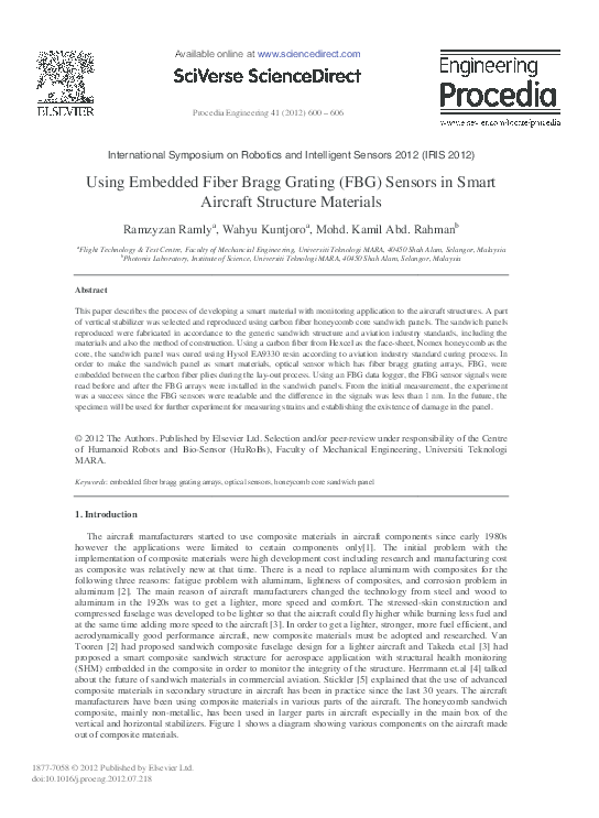 (PDF) Using Embedded Fiber Bragg Grating (FBG) Sensors in Smart Aircraft Structure Materials