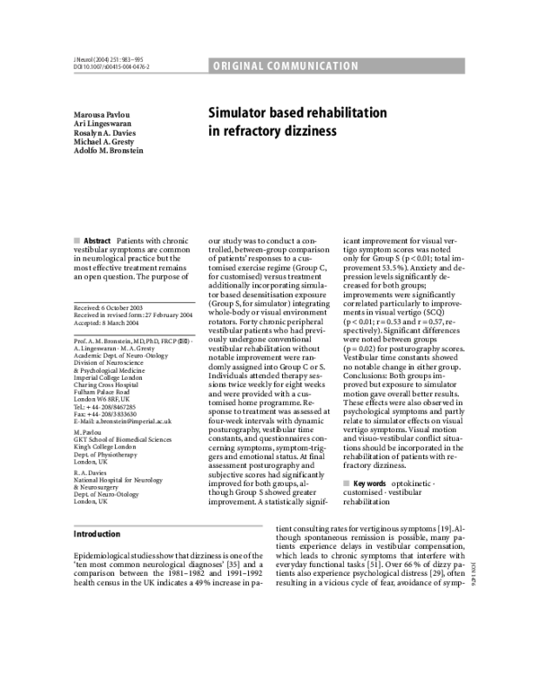 (PDF) Simulator based rehabilitation in refractory dizziness