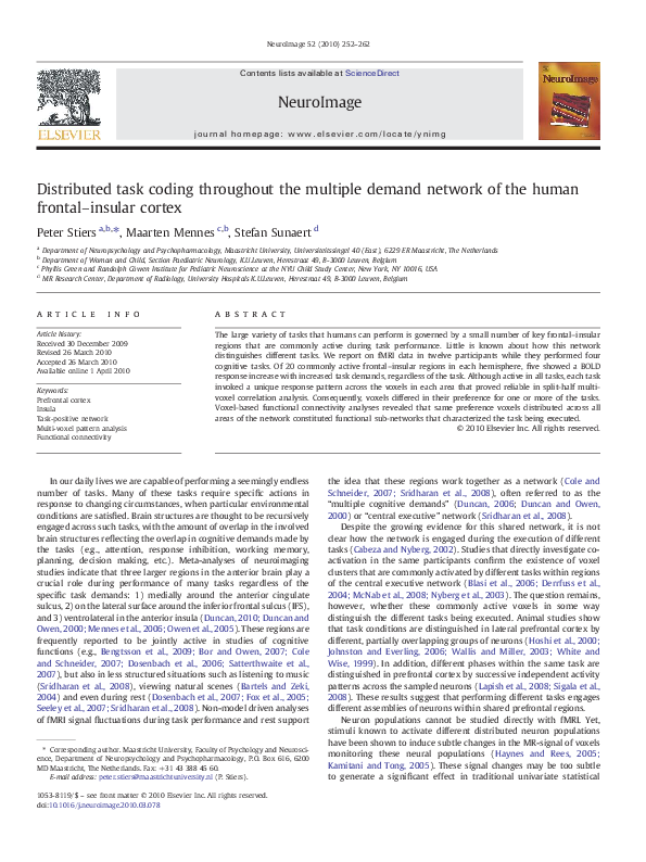 Pdf Distributed Task Coding Throughout The Multiple Demand Network Of The Human Frontal