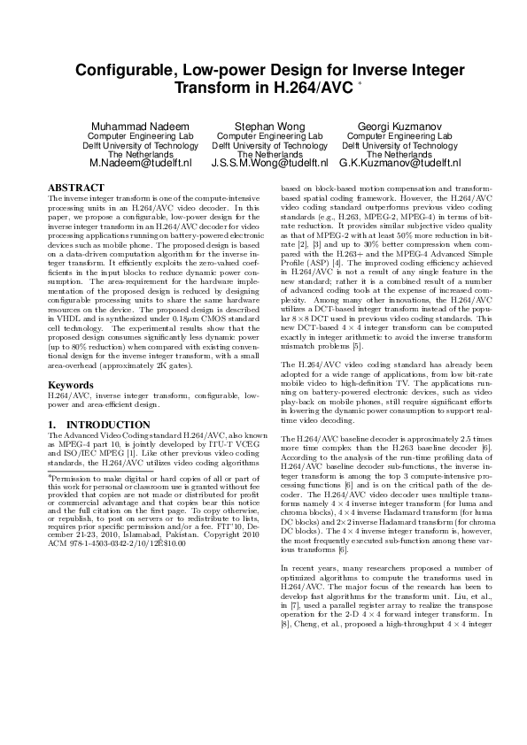 Pdf Configurable Low Power Design For Inverse Integer Transform In H264avc 