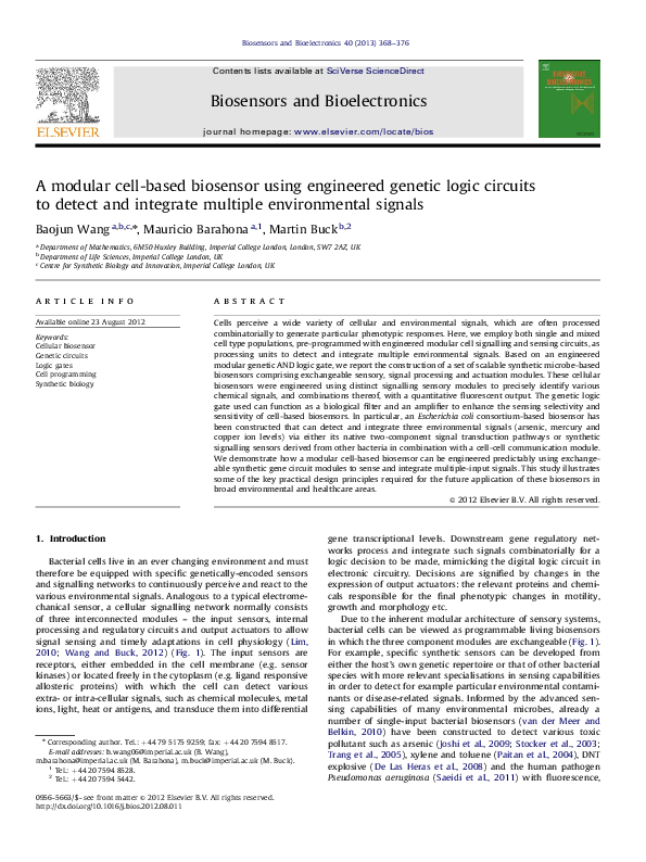 Pdf A Modular Cell Based Biosensor Using Engineered Genetic Logic Circuits To Detect And