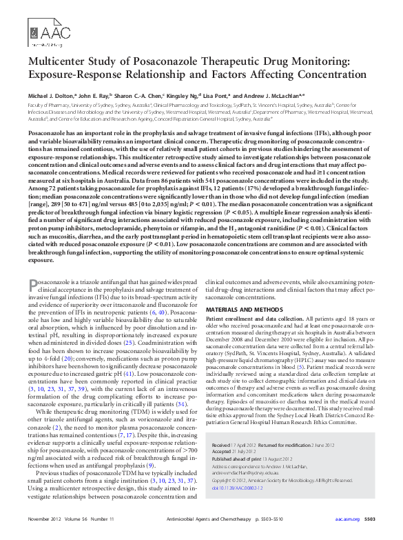 (PDF) Multicenter Study of Posaconazole Therapeutic Drug Monitoring: Exposure-Response ...