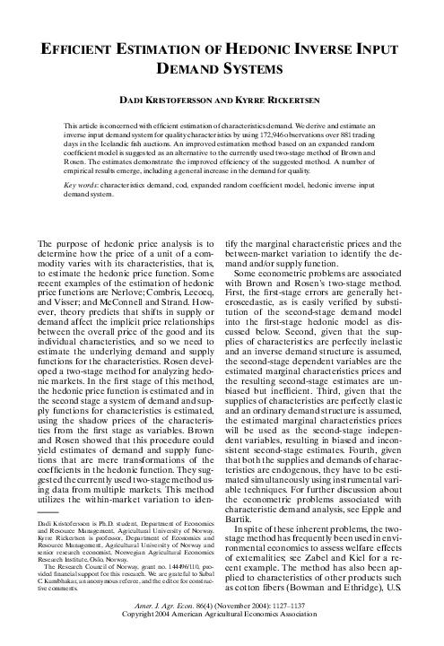 (PDF) Efficient Estimation of Hedonic Inverse Input Demand Systems | Kyrre Rickertsen - Academia.edu