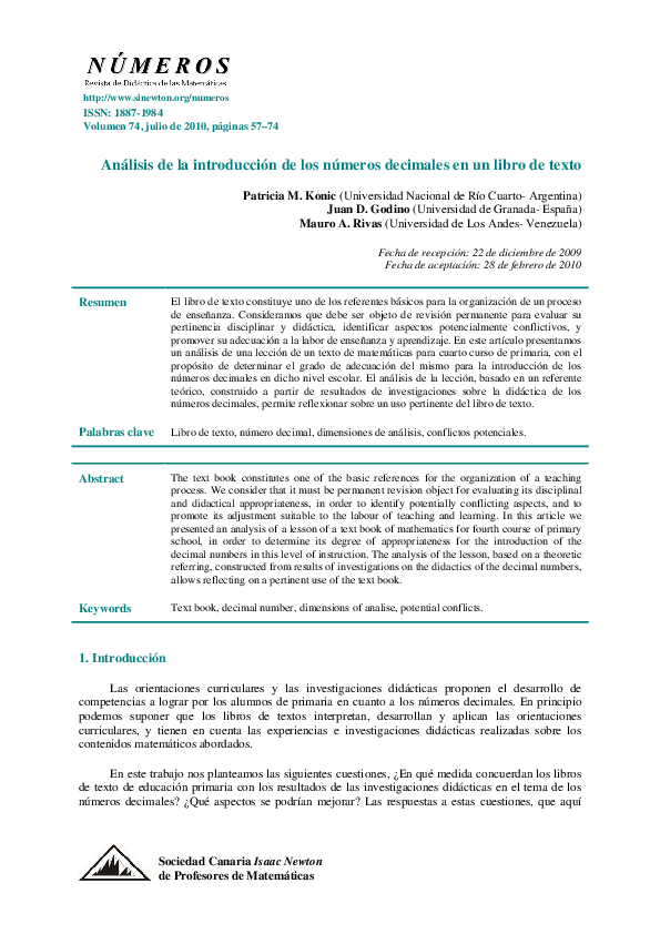 (PDF) ANALISIS DE LA INTRODUCCION DE LOS NUMEROS DECIMALES EN UN LIBRO ...
